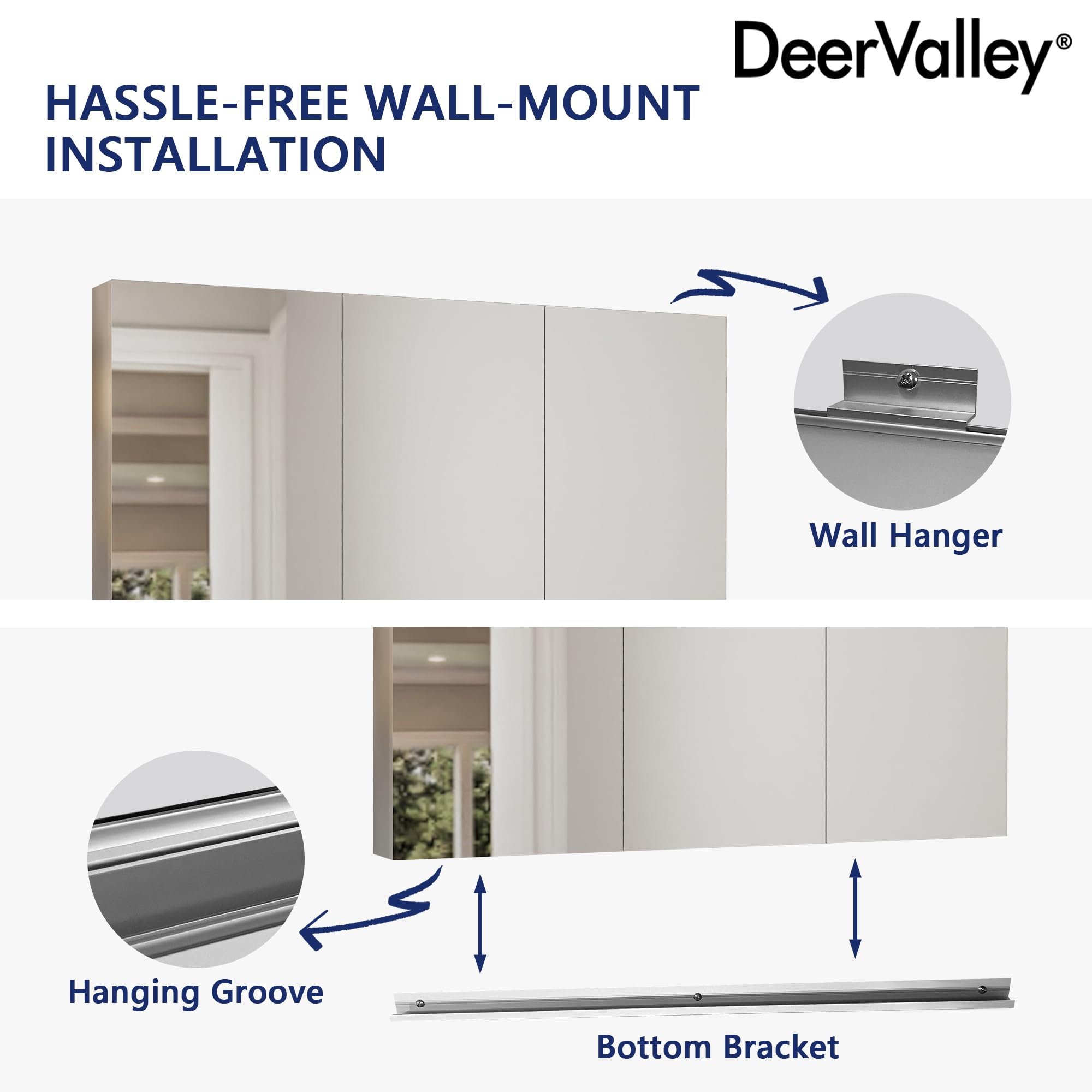 Deer Valley Medicine Cabinet with Mirror, 48" W x 26" H Bathroom Mirror with Storage, 3 Doors Frameless Modern Wall Mount Mirrored Medicine Cabinets with 2 Adjustable Shelves DV-1MC0149
