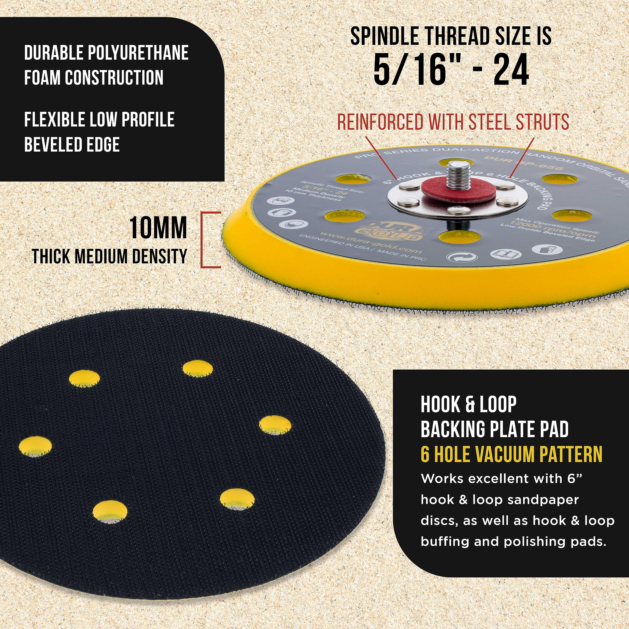 Dura-Gold Pro Series 6" Hook & Loop DA Backing Plate Pad, 6 Hole Pattern Dustless - Low Profile Edge, Medium Density, Dual-Action Random Orbital Sanding Pad, Sander Polisher Auto Woodworking Sandpaper