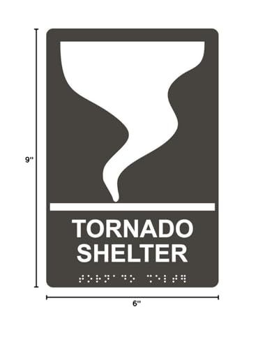 ComplianceSigns.com Tornado Shelter Sign, ADA-Compliant Braille and Raised Letters, 9x6 in. Charcoal Gray Acrylic Plastic with Adhesive Mounting Strips