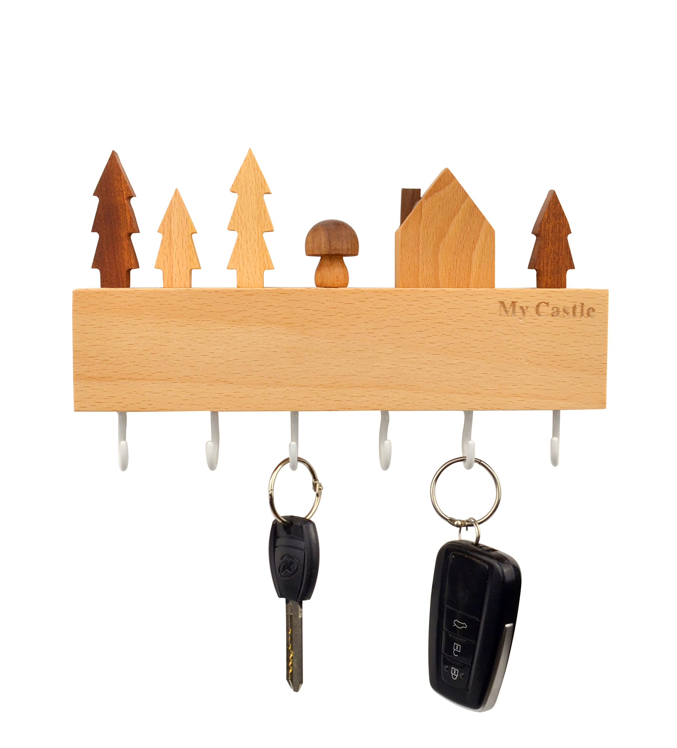 Cliocoo Decorative Wooden Key Hook, Wall Mounted Key Hanger with 6 Hooks, Natural Wood Color, with Anchors and Screws, Wall Décorfor Entryway (White)