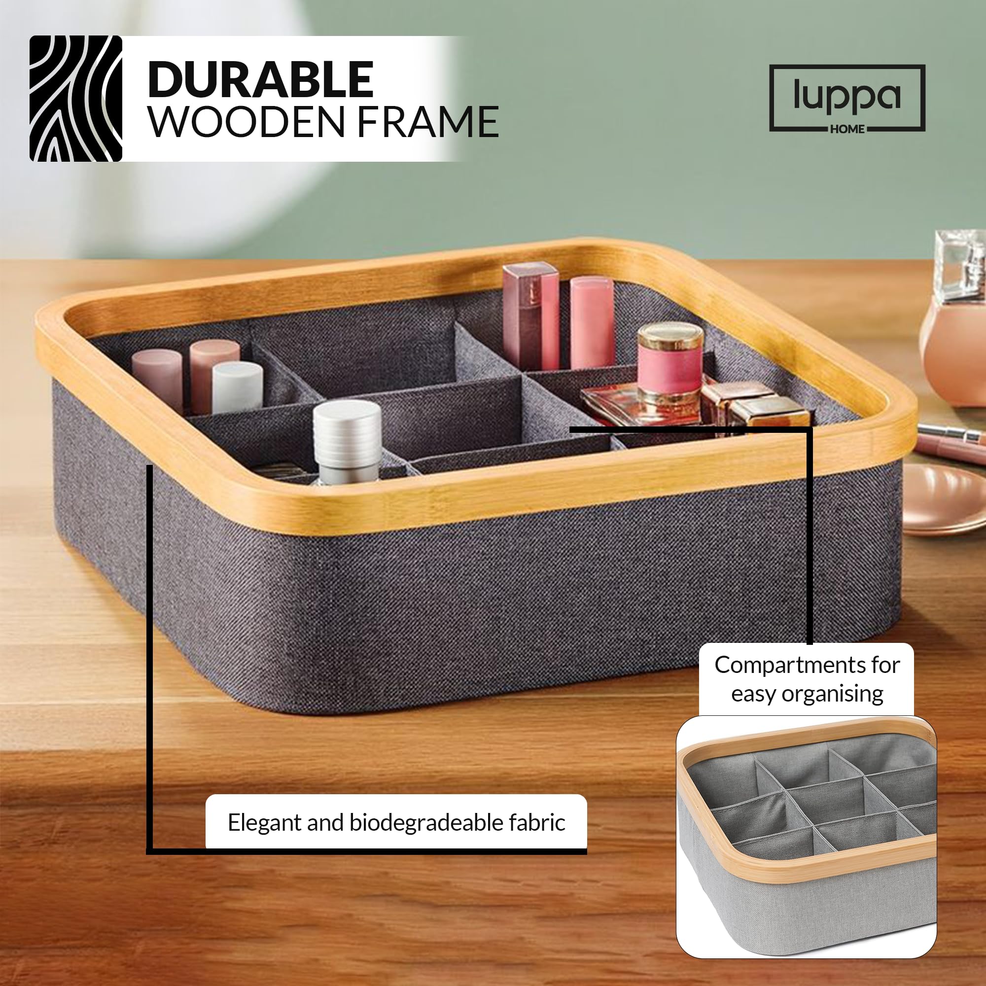 Bamboo Rim Storage Basket - 4 Compartments Foldable Frame and Fabric Shelf Bin - Large Organizer for Dirty Clothes, Towels, Blankets, Toys - Convenient Laundry Storage Sorter with Handles.
