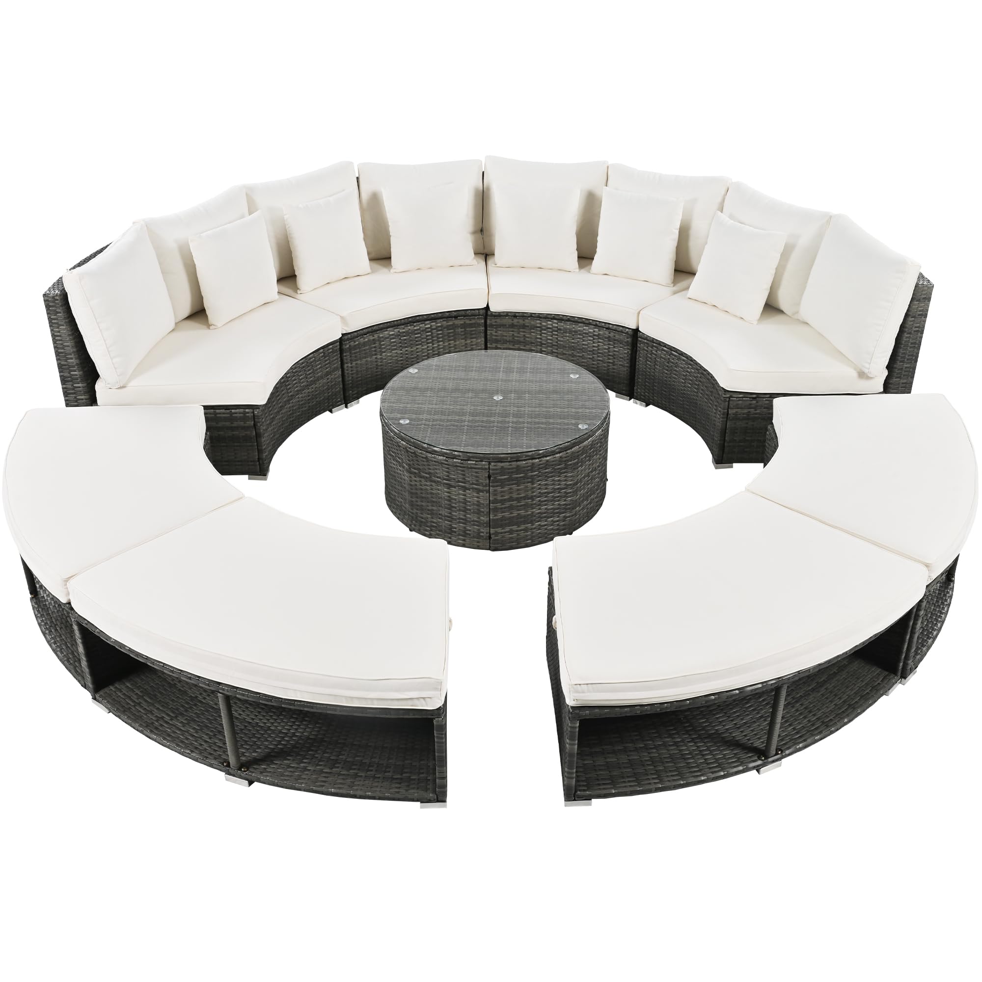 Merax Patio Furniture Set, 9-Piece Outdoor Patio Conversation Set Luxury Circular Outdoor Sofa Set Rattan Wicker Sectional Sofa Lounge Set with Tempered Glass Coffee Table, 6 Pillows, Beige