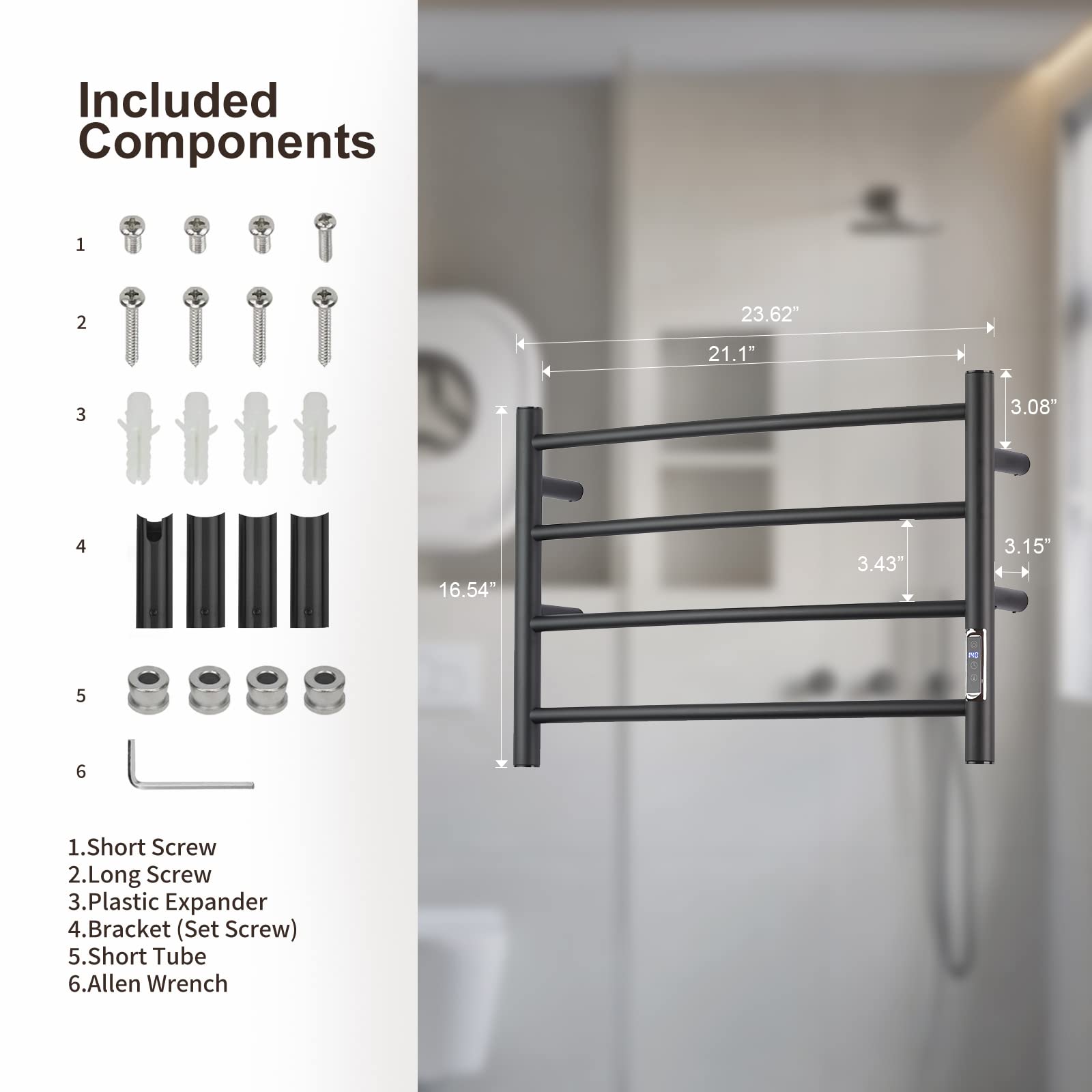 SHARNDY Towel Warmer with Built-in Timer ETW29 for Bathroom Wall Mounted Bath Towel Heater Plug-in Electric Heated Towel Rack Black