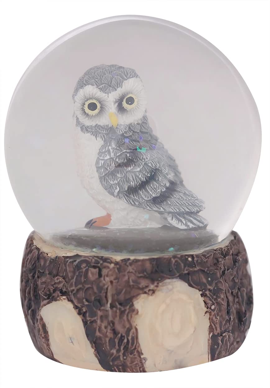 SINGEEK Owl Snow Globe - Hand Painted Owl Figurine Snowglobe, Manual Snowfall 65MM Water Globe Home Office Decor (Gray)