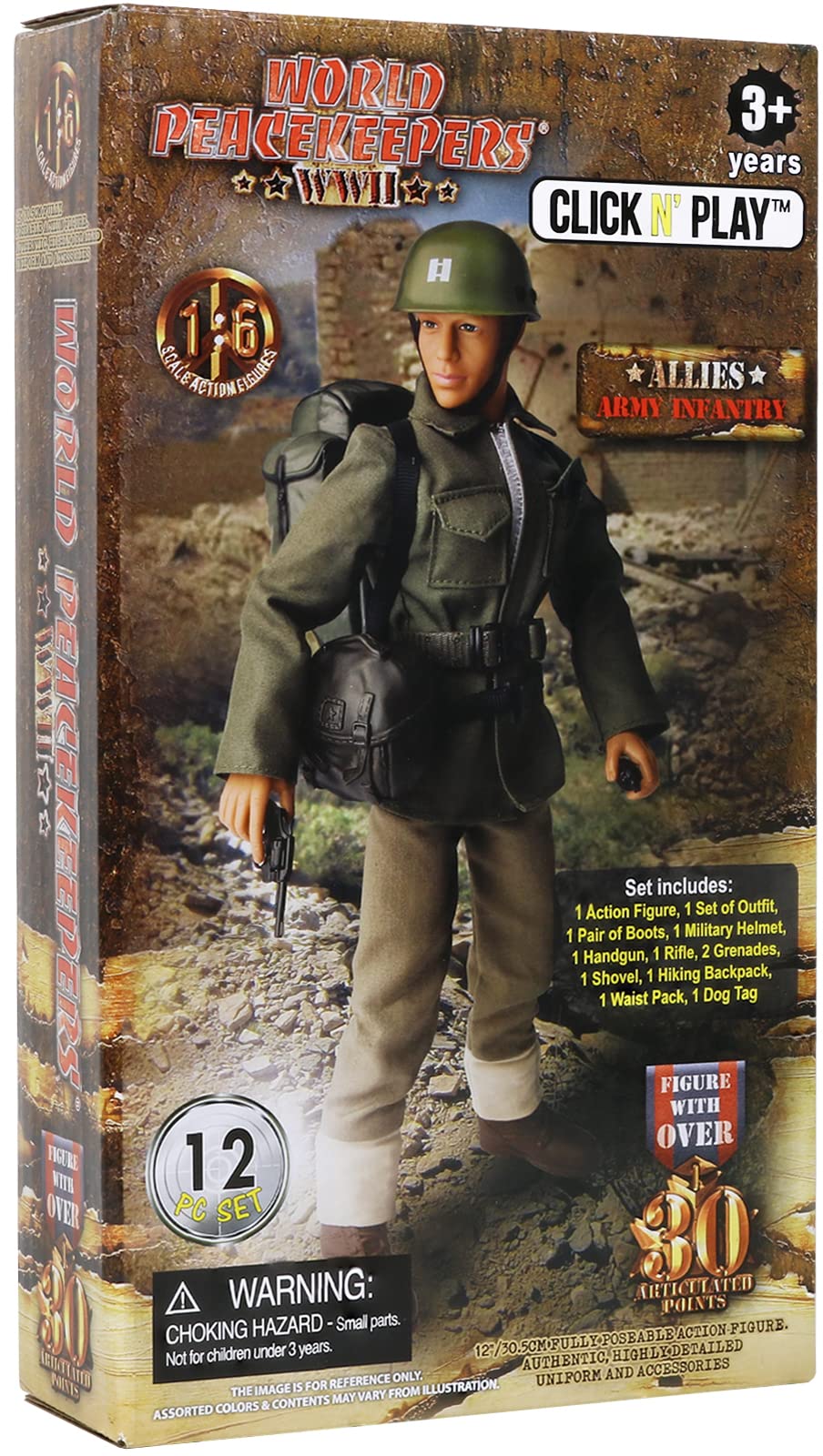 Click N' Play WWII Allies Army Infantry 12” Action Figure Plat Set with Accessories - Click N Play Military WW2 Toys