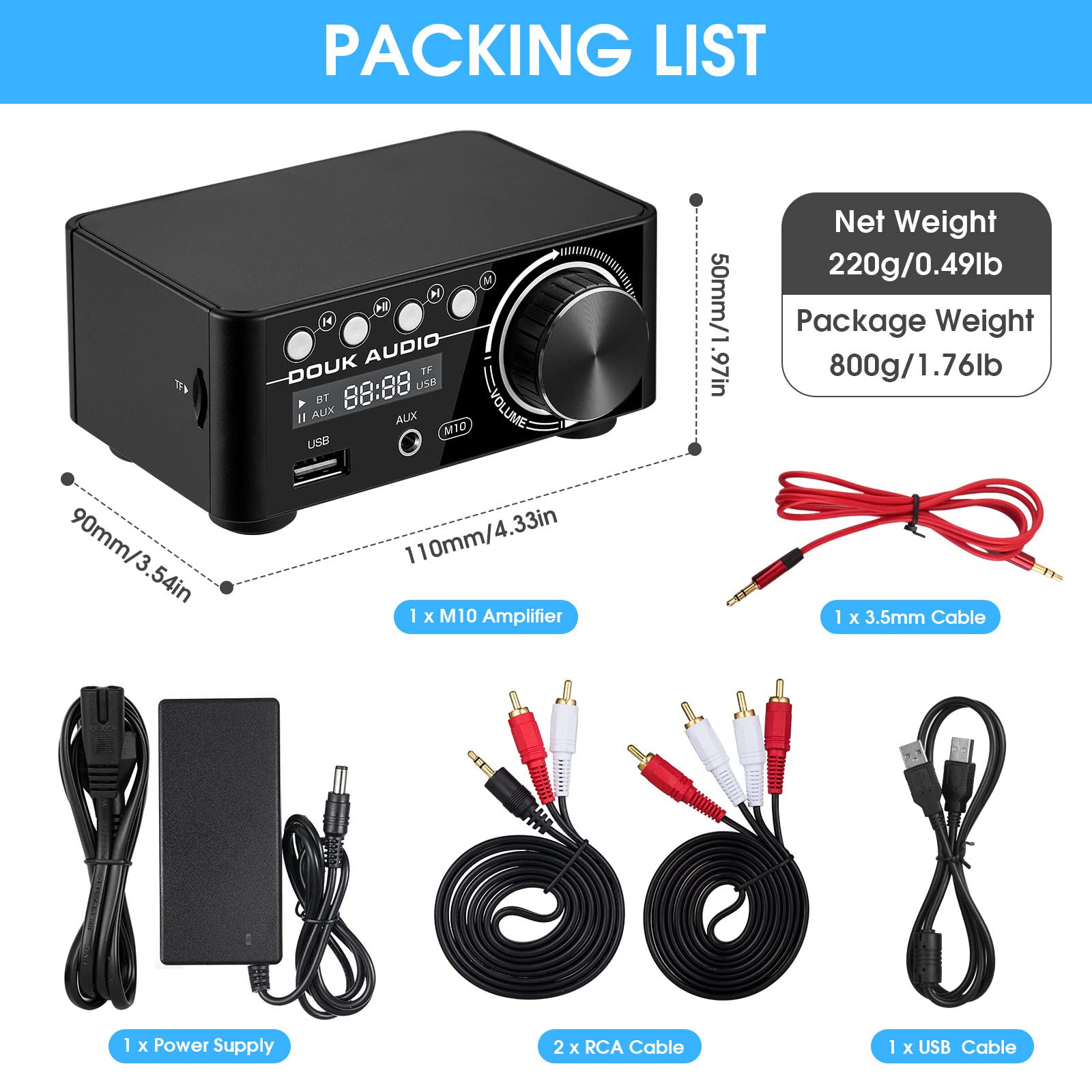 Douk Audio 120W Mini Bluetooth 5.0 Power Amplifier 2.0 Channel Hi-Fi Stereo Class D Audio Amp Wireless Receiver TF USB Home Speaker (Upgrade Version) (Black)