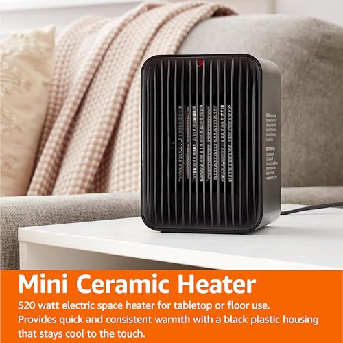Amazon Basics Ceramic Space Heater, Electric Heater for Indoor Use With 3 Heat Settings, Temperature Control, Lightweight (1.7 LBS), 520W, 5.1"L x 3.5"W x 7"H
