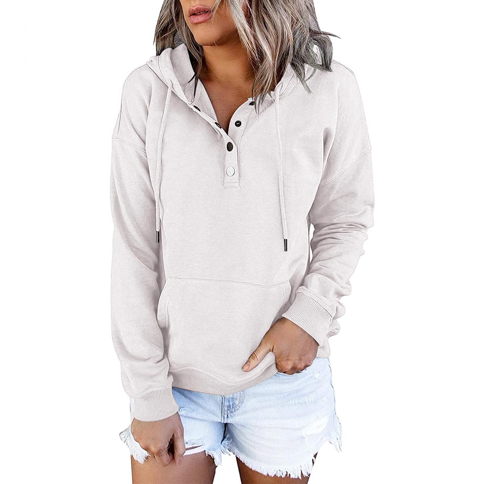 AIHOU Sweatshirts for Women Button Down Hoodies Drawstring Hooded Pocket Crewneck Sweatshirts Tops Shirts White