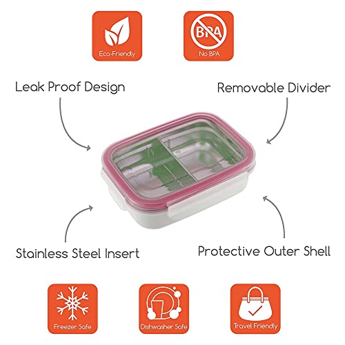 Innobaby Keepin' Fresh Stainless Steel Divided Bento Snack Box with Lid for Kids and Toddlers BPA Free, 5.9" x 4.7" x 1.8" inches.,11 oz. Pink