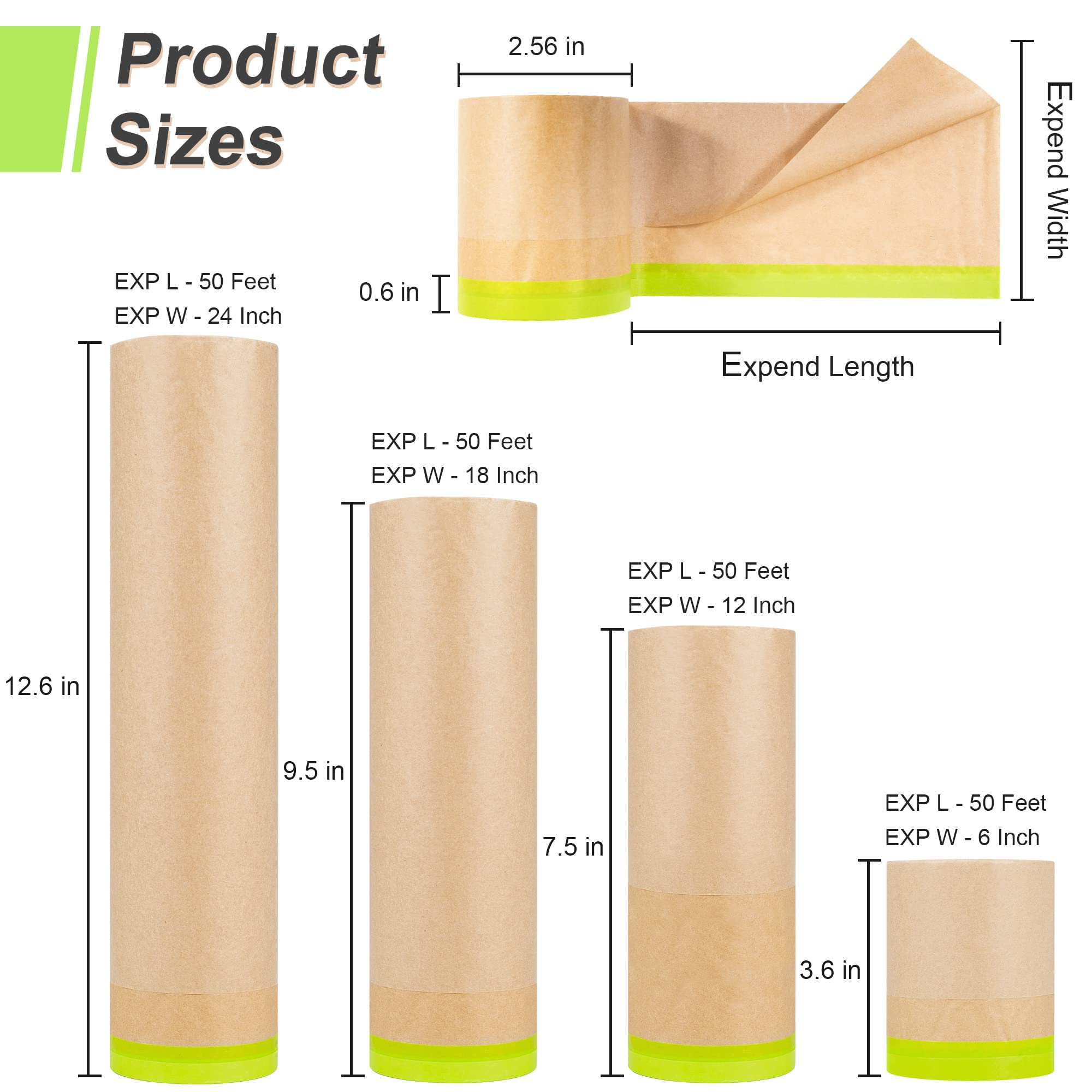 MyLifeUNIT Masking Paper, Automotive Paint Paper Roll with Tape, Assorted Sizes Tape and Drape Waterproof for Painting Protection Covering (Each Roll 50 Feet, 4 Rolls)