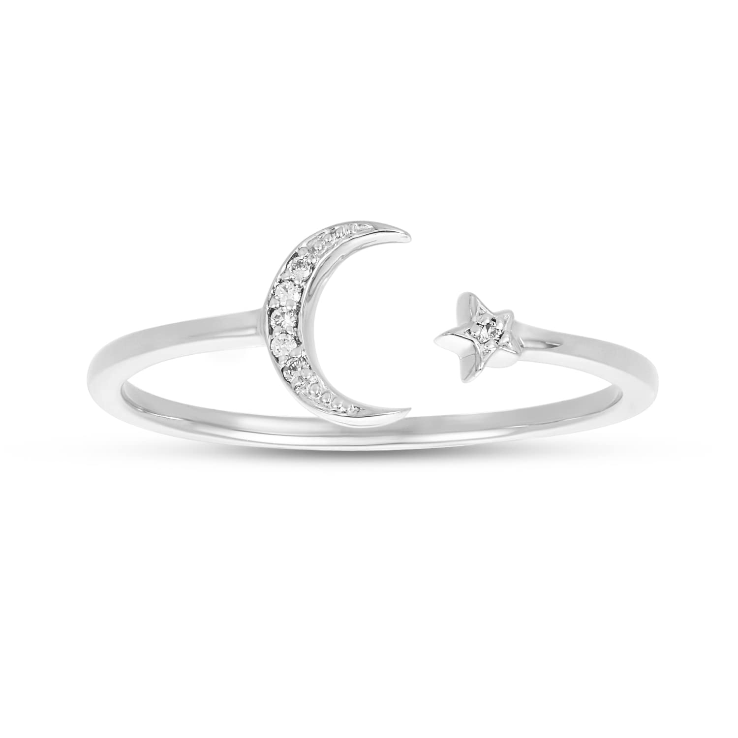 Amaari Fine Jewelry 0.02 ctw. Diamond Moon and Star Cuff Ring in 14K Gold, Stackable Celestial Crescent Moon Ring (H-I Color, SI1-SI2 Clarity)