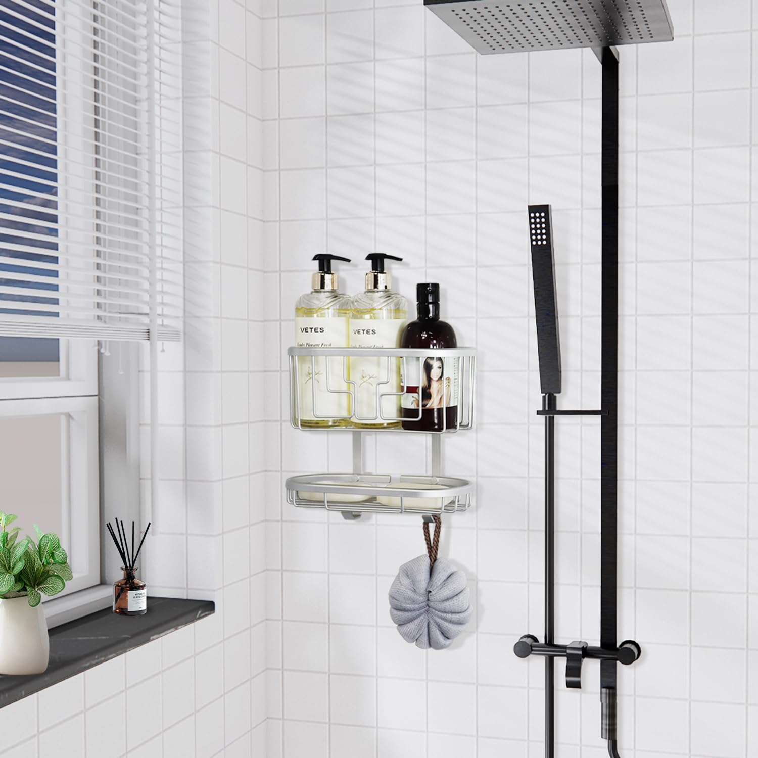 Baolihua Shower Caddy 2 Tier, with Soap Holder and 2 Hooks, Aluminum Bathroom Organizer, Never Rust, No Drilling Required for Bathroom, Silver.