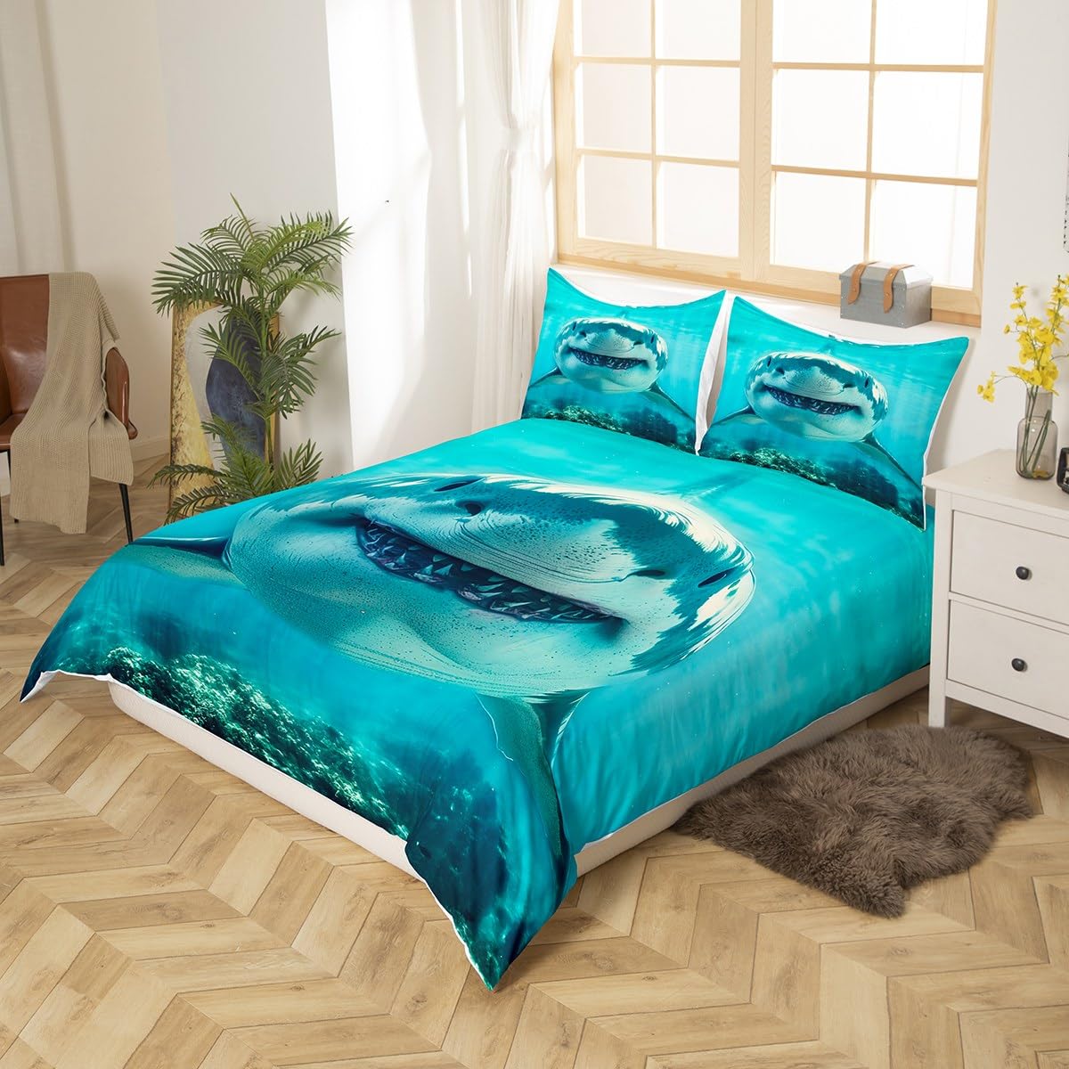 Shark Pattern Bedding Set Twin Size for Kids Boys Bedroom,Sea Animals Bed Duvet Cover Set,Shark Fish Print Comforter Cover Hawaiian Beach Decor 2 Pieces 1 Duvet Cover with 1 Pillowcase(No Comforter)