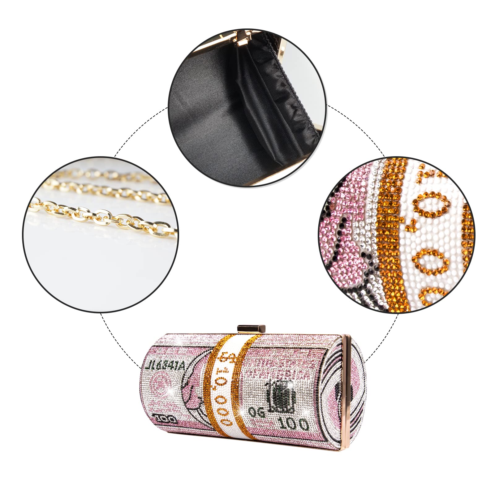 Gripit Rhinestone Clutch Purses for Women,Realistic Money Bag Purses for Party Diamond Novelty Purse Evening Handbag with Metal Chain,Pink