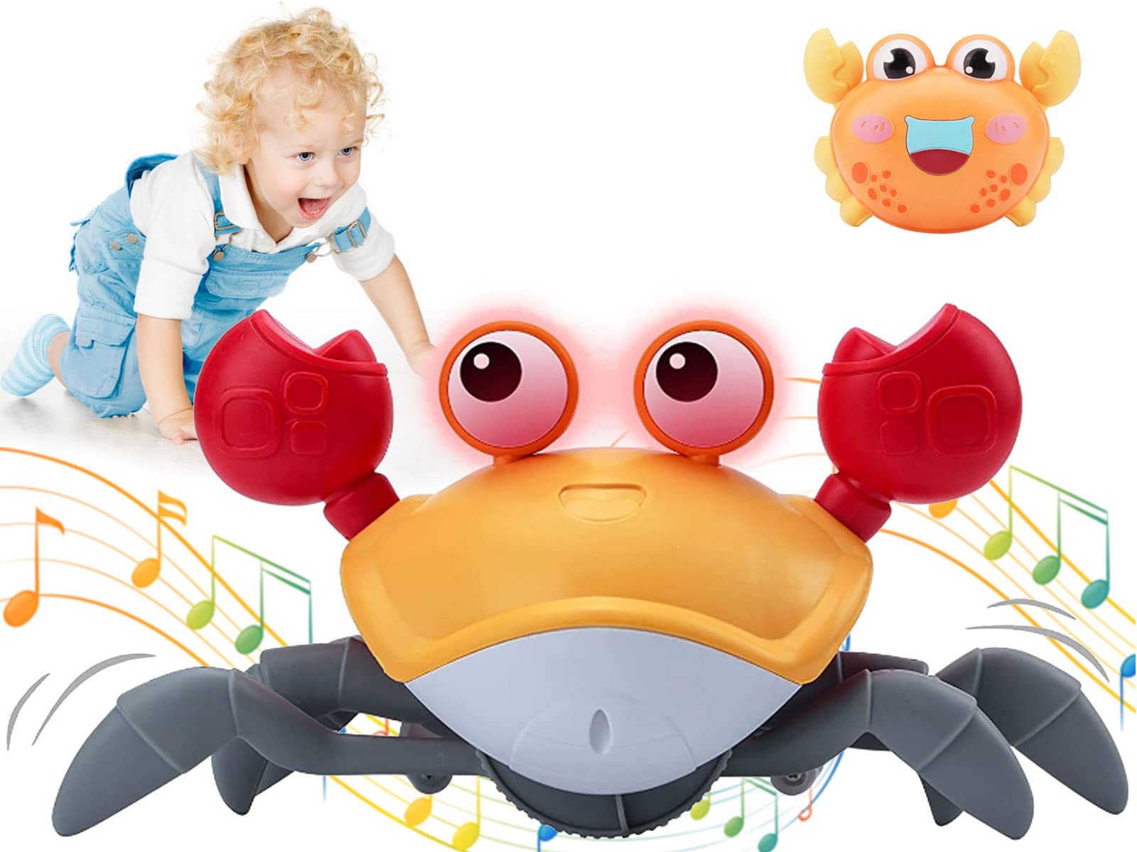 Growinlove Baby Crawling Crab Musical Toy, Toddler Electronic Light Up Crawling Toy with Automatically Avoid Obstacle, Walking Crab Toy for Toddler Babies Boys Girls