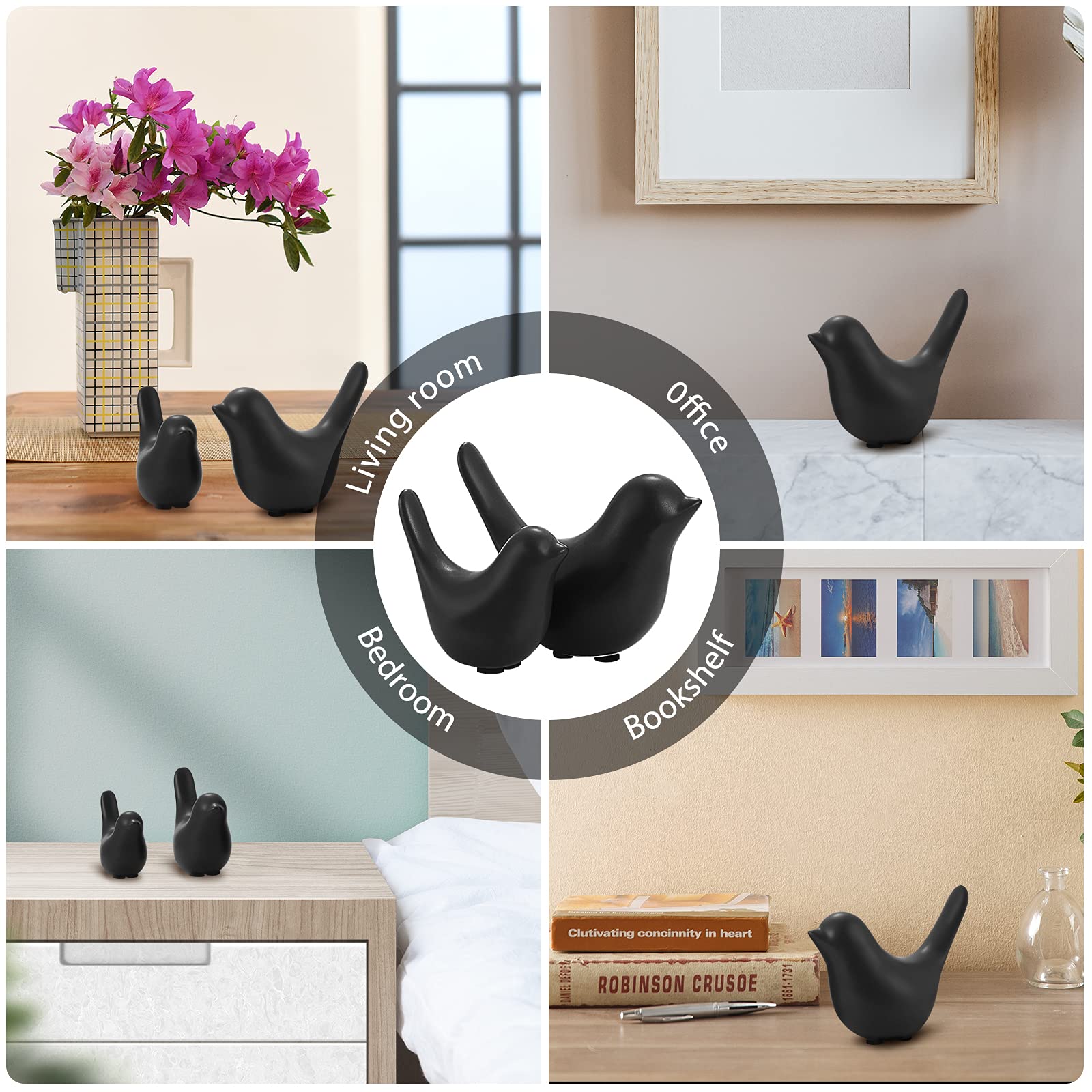 Homoyoyo 2Pcs Black Ceramic Birds Figurines, Small Animal Statues Home Decor, Modern Minimalist Animal Ornament Crafts for Home& Garden Decor
