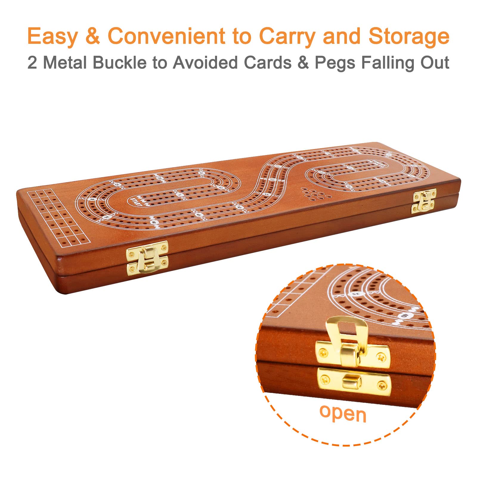 Cribbage Board Game Set 3 Tracks, Plusvivo Solid Oak Wood Cribbage Boards Unique with 9 Metal Pegs & 2 Storage Area, 15.5 X 4.9 X 1.2 in Travel Portable Cribbage Game Sets for Family