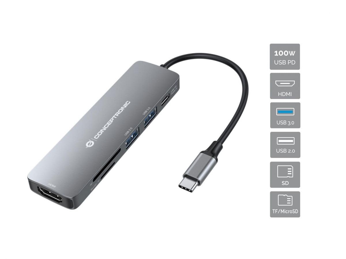 Conceptronic DONN11G Multi-Function 6-in-1 USB Adapter Hub USB-C to HDMI/USB-C PD/USB 3.0/USB 2.0/SD/TF Multiport Adapter