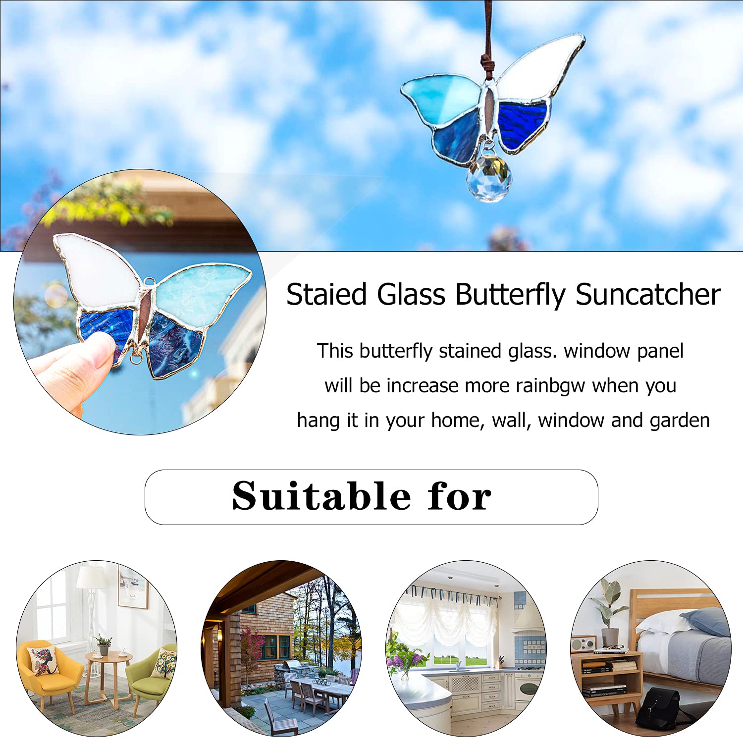 H&D HYALINE & DORA Tiffany Stained Glass Window Hangings Butterfly Shaped Art Style Sun Catcher Windows Panels for Home Garden Party Christmas Day Gift