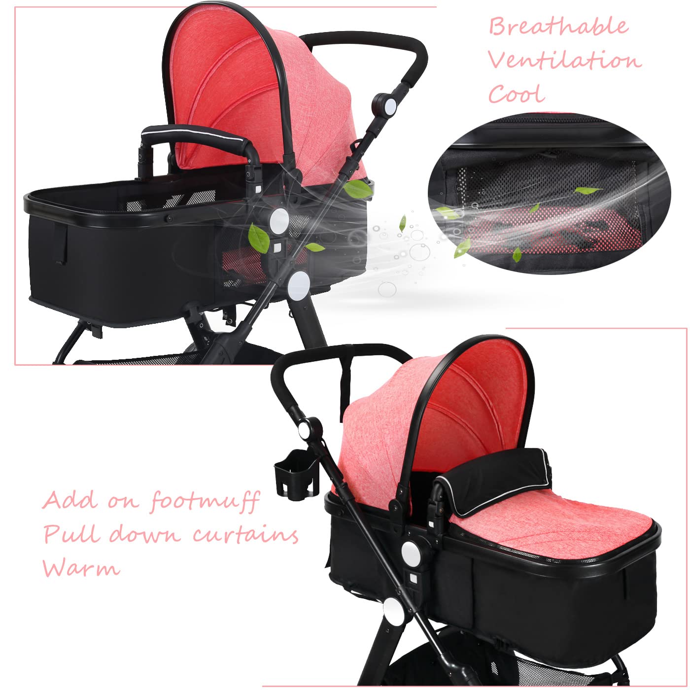Baby Stroller Infant Bassinet Stroller Toddler Reversible Seat Pram Foldable Pushchair with Adjustable Canopy Backrest and Pusher, Suspension Wheels Fit All Terrains, Cup Holder (PINK)