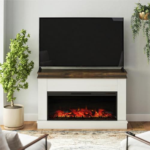 Ameriwood Home Mateo 53.5 Inch Electric Fireplace with Mantel, Replaceable Fireplace Insert Heater, Remote Control, Timer, Realistic Log and Flame Effect, for The Living Room or Bedroom, Ivory Oak