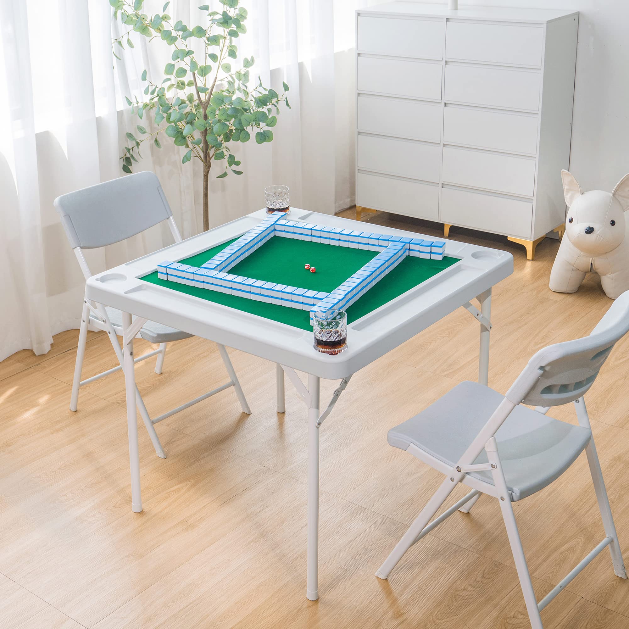 Allpop 35.4’’ Folding Mahjong Table, Square 4 Player Card Game Table with Longer Chip Trays, Cup Holders & Green Professional Tabletop for Domino, Poker, Jigsaw Puzzles