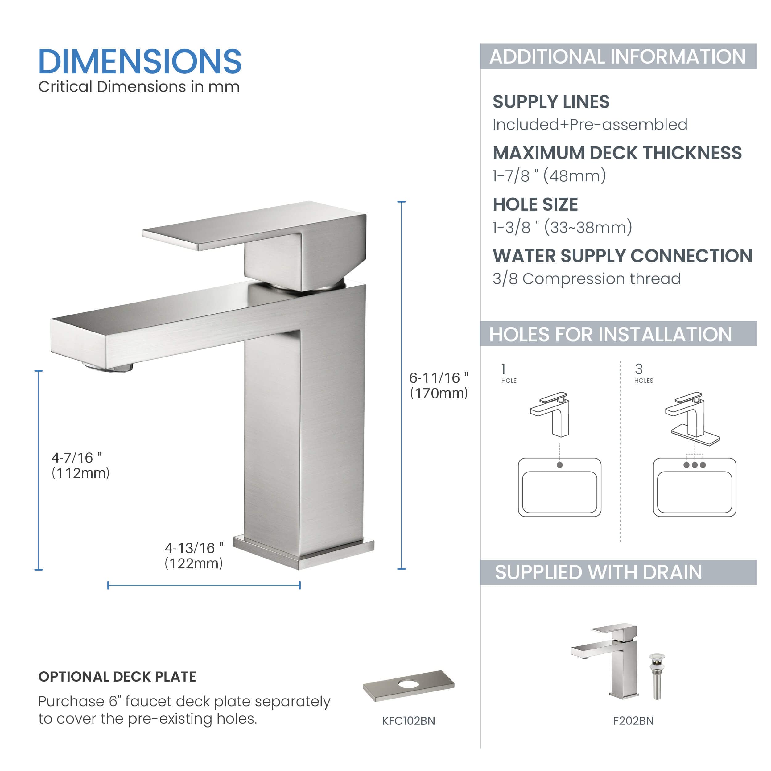 KIBI F202 Brushed Nickel Stainless Steel Bathroom Sink Faucet | Single Handle High Arc Faucet with Pop Up Drain | for Vanity & Lavatory Sinks | Easy Installation and Durable Construction