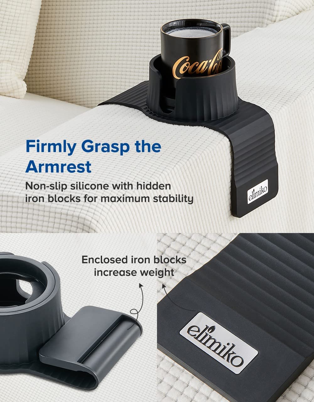 Couch Cup Holder, Elimiko Silicone Sofa Drink Holder with Upgrade Large Cup Holder, for Oversized Mug/Cup/Tumbler/Drink/Coffee/Bottle/Cans (Mocha Brown)