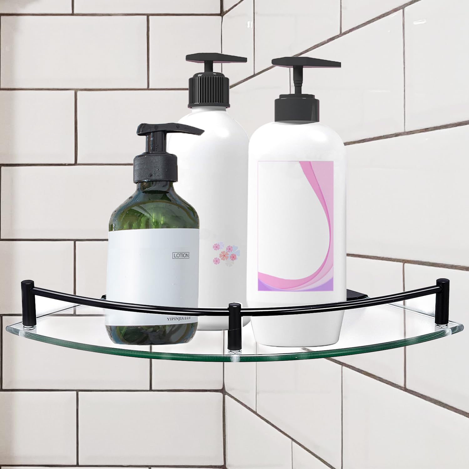 Halyuhn Bathroom Shower Corner Shelf, 9.5in Tempered Glass Bathroom Shelf for Bathroom Corner Shower Wall Mounted, 2 Tier Bathroom Organizers and Storage, Stainless Steel Rail