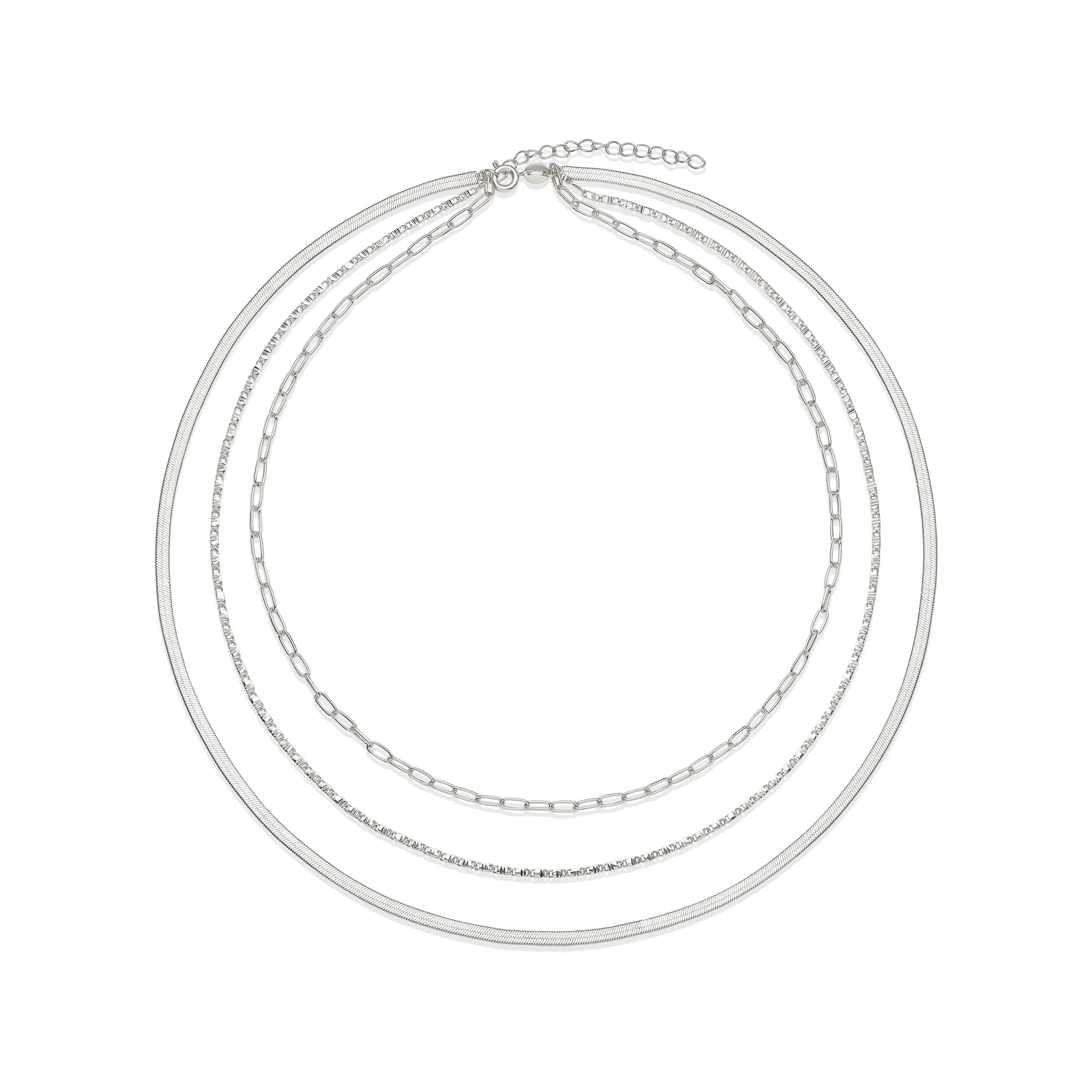 Amazon Essentials 14K Gold Plated Paperclip, Station and Herringbone Chain 3 Row Layered Necklace 16" 18" 20", Yellow Gold