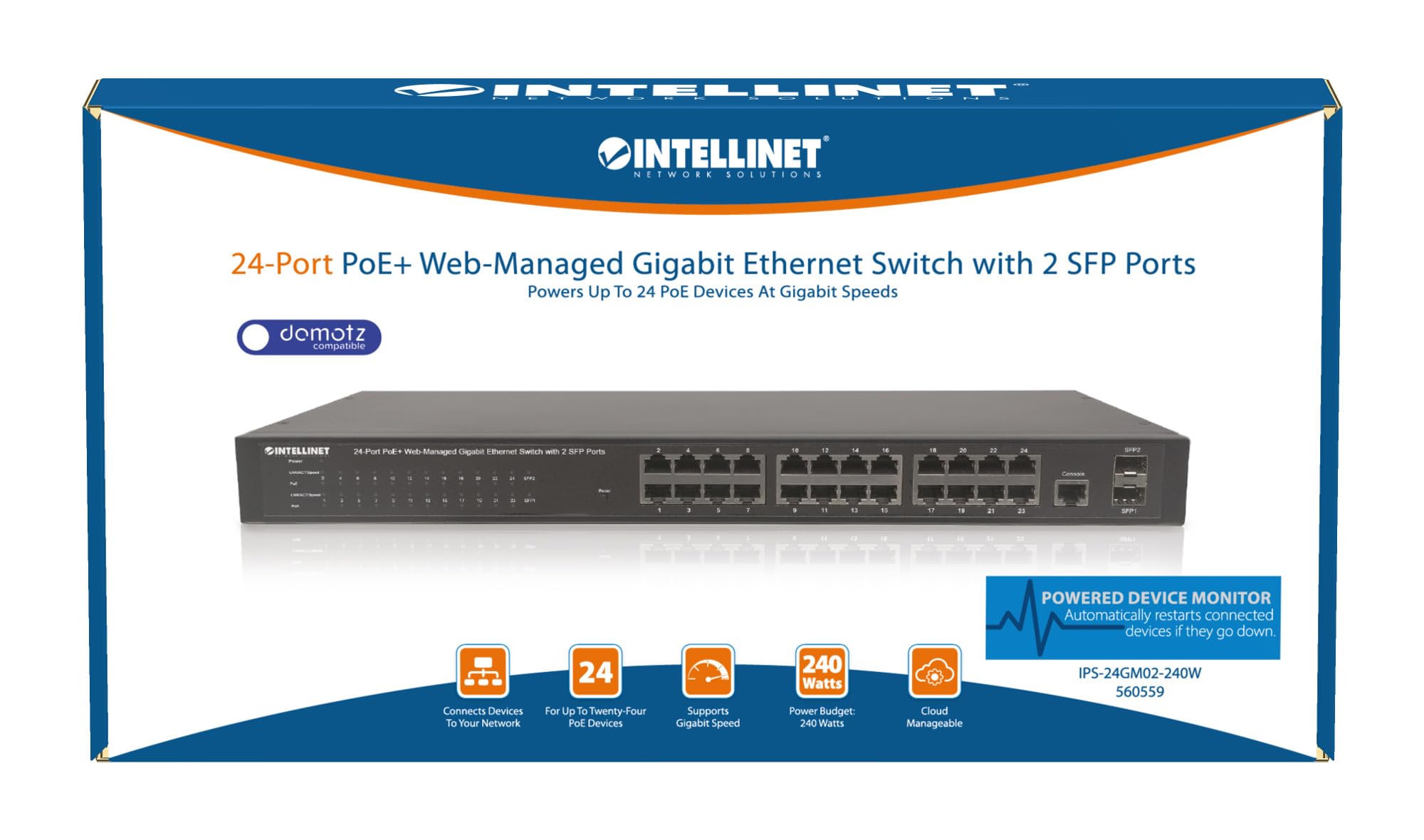 Intellinet 24 Port PoE Web Managed Gigabit Ethernet Switch with 2 SFP Ports - 240W Power Budget, Self Healing Network, SNMP Management, Endspan, 19" Rackmount - 3 Yr Mfg Warranty - 560559
