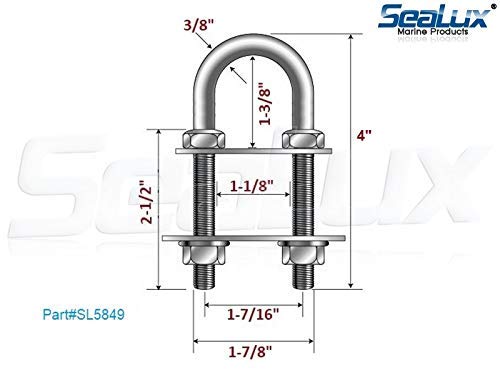 SeaLux Marine Boat Bow Eye Stern Eye U Bolt Tie Down 3/8" Stock, 4" Overall Length, 2-1/2" Thread Length with Hex Nuts and washers-SL878805849