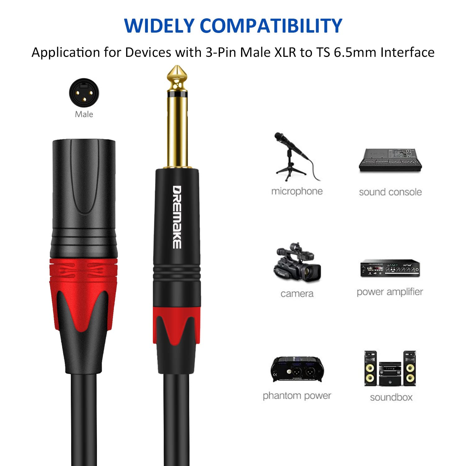 DREMAKE Patch Cable XLR to Mono 1/4'' 10FT, 3-Pin XLR to 1/4" TS Speaker Cable, 6.35mm 1/4'' TS Male to XLR Male Audio Stereo Mic Cable for Powered Amplifier Mixing Boards 1/4'' to Male XLR Unbalanced