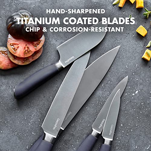 GreenPan Titanium 7" Santoku Knife, Titanium Coated, Stainless Steel, Eco-friendly, Ergonomic Grip, Slip Resistant, Balanced, Heat Treated, Hand Sharpened, Dishwasher Safe