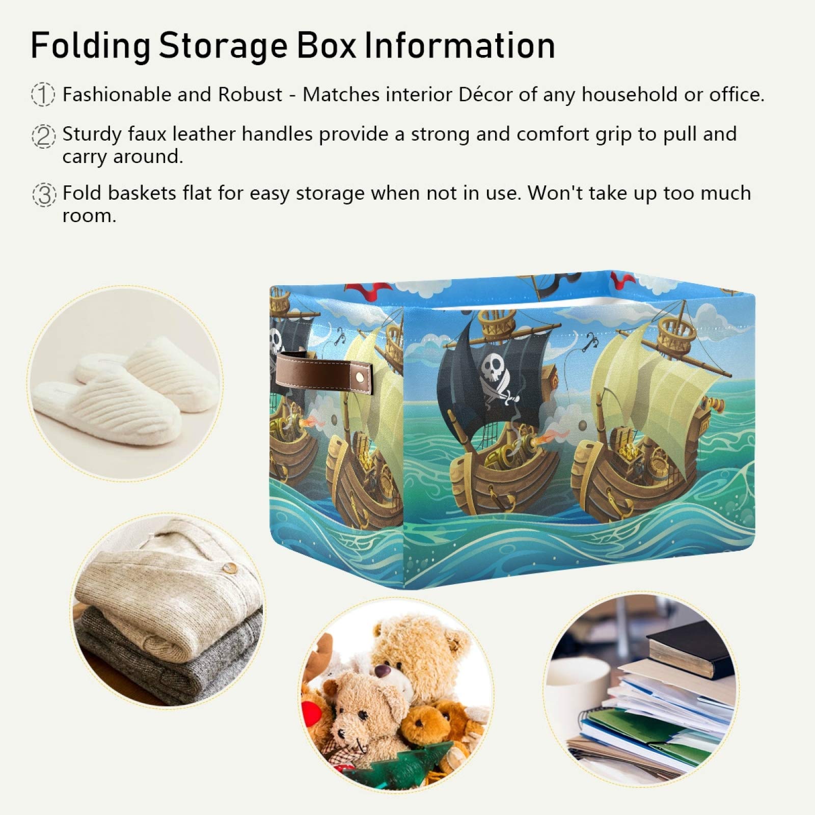 HANZHY Pirate Ship Large Fabric Storage Bins Foldable Cube Storage Bag Storage Basket with Handle for Closet Shelves Clothes Toys one size x 1