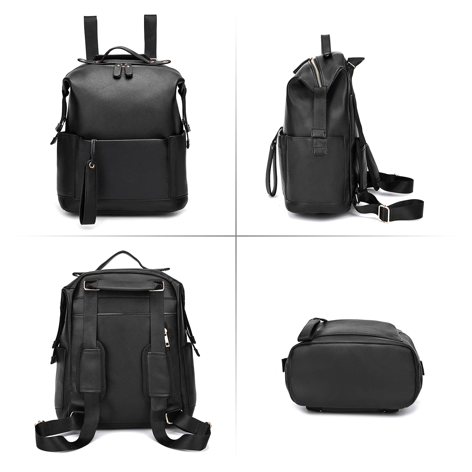 Diaper Bag Backpack for Mom Pu Leather Waterproof Multifunctional Large Capacity Travel Baby Bag with Changing Pad for Boy Girl Stroller Straps 2pcs Black