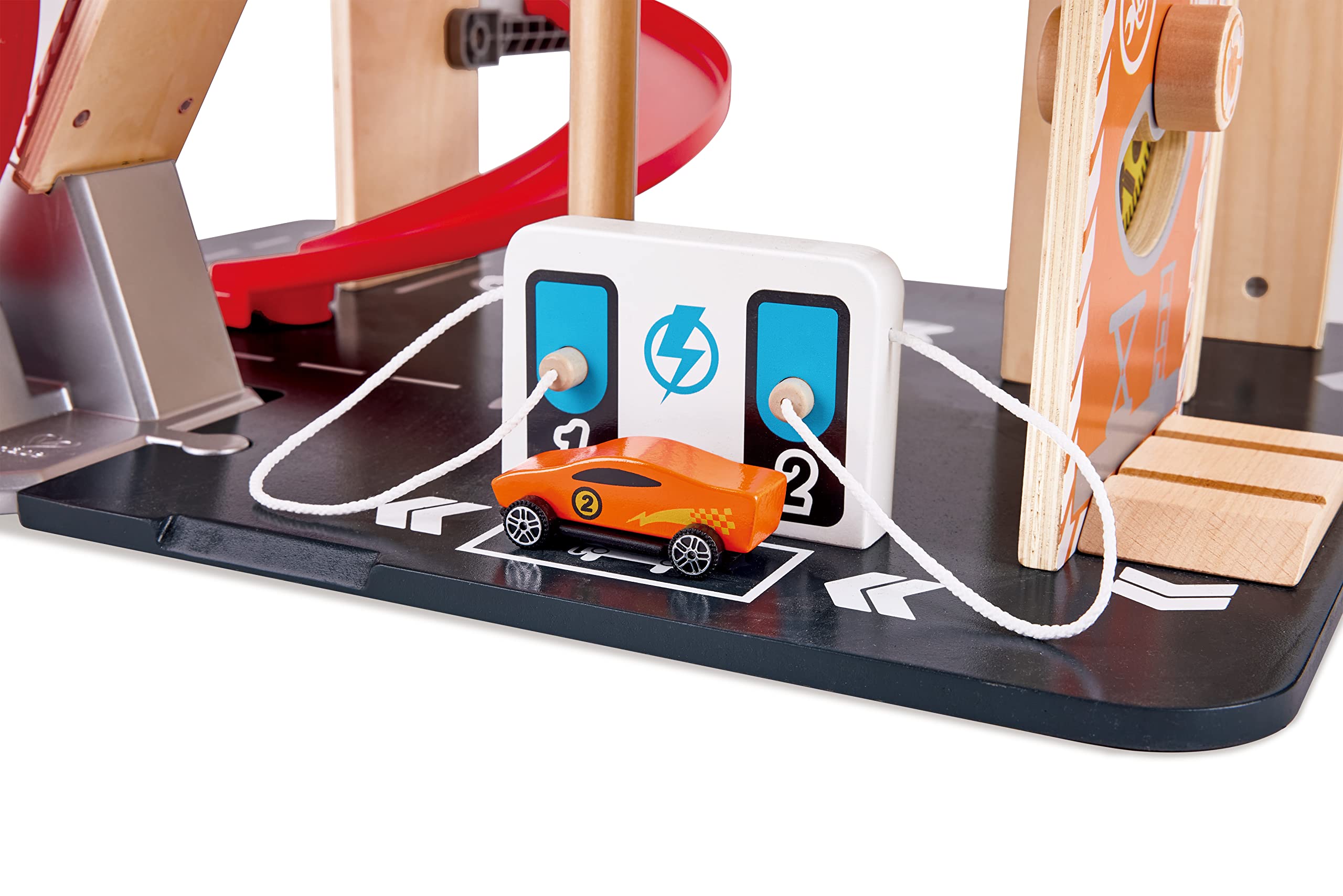 Hape Gearhead Stunt Garage Kids Wooden Toy Car Parking Garage Playset w/Elevator and 2 Exit Tracks, Detachable Loop, Includes 2 Wooden Toy Racecars