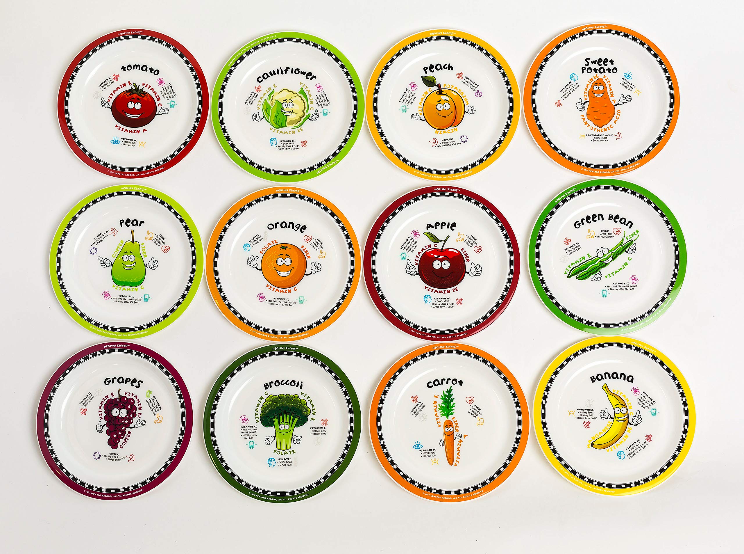Healthy Kiddos Fruits & Vegetables Fun Plates For Kids 12 Pack | Educational, Non-Slip, Melamine & BPA Free, Eat Healthy Kids Nutrition Plate