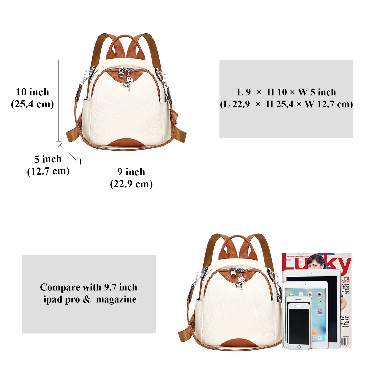 ALTOSY Soft Genuine Leather Backpack for Women Small Convertible Backpack Purse Shoulder Bag for Ladies (S97 White/Brown)