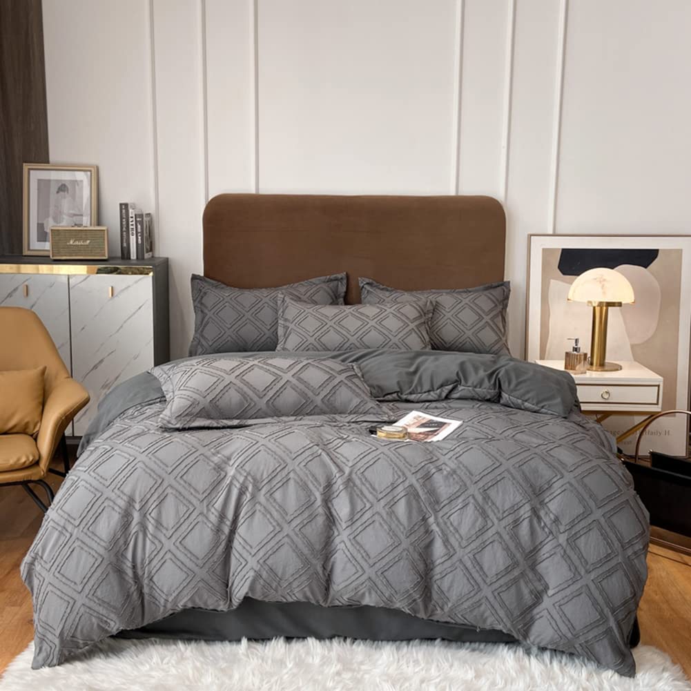 MorroMorn 5 PCS Boho Bedding Sets, Textured Duvet Cover Set, Tufted Comforter Covers, Diamond Jacquard Soft Breathable Neutral for Men Women Bed All Seasons (Grey, King/California King)