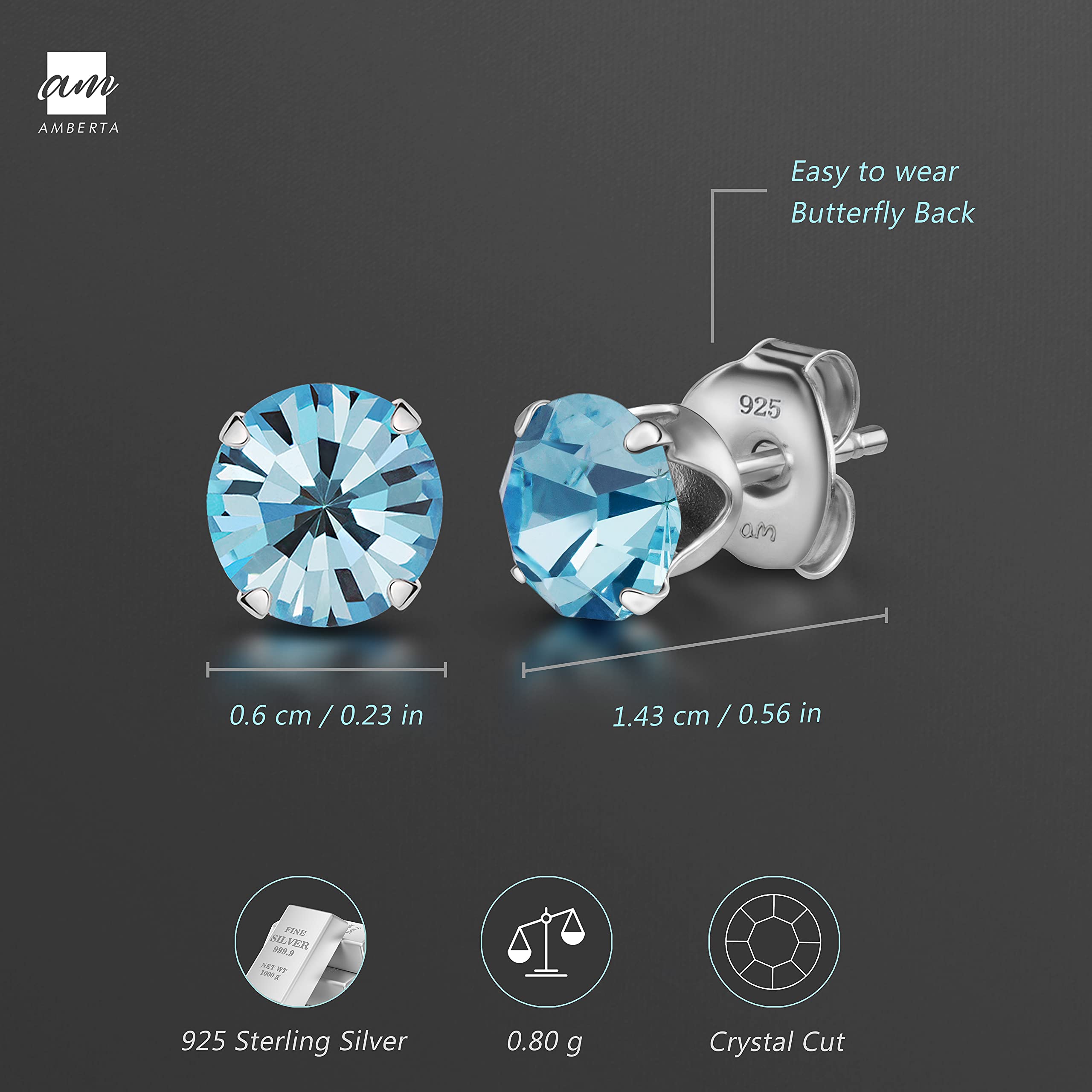 Amberta Women's 925 Sterling Silver Lumini Crystal Blue Collection Stud Earrings: Dark Denim Blue