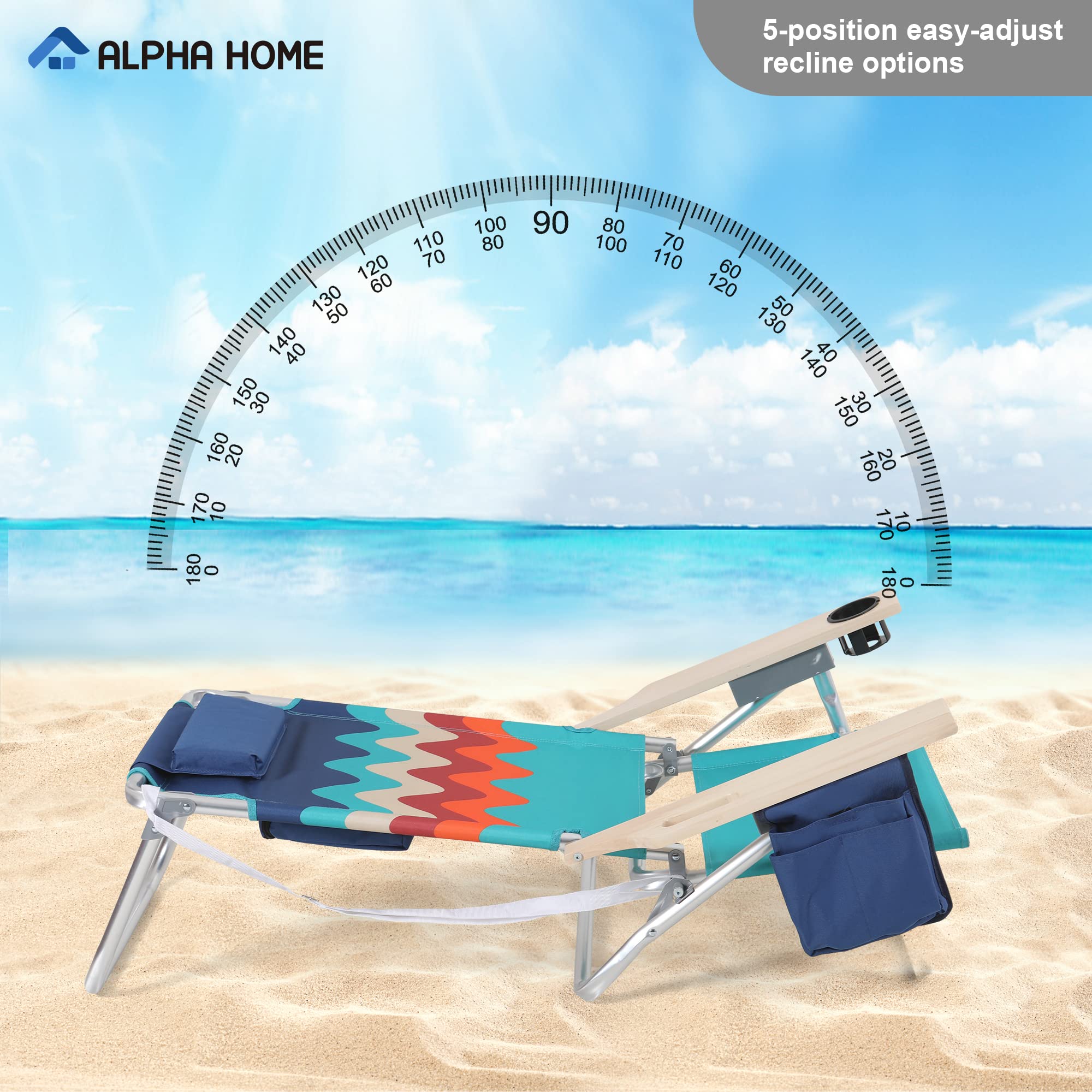 ALPHA CAMP Beach Chair With Cooler Bag Oversized Heavy Duty Steel Frame Support 250 LBS Collapsible Padded Camping Folding Chair with Cup Holder Quad Lumbar Back Chair Portable for Outdoor/Indoor,Wave