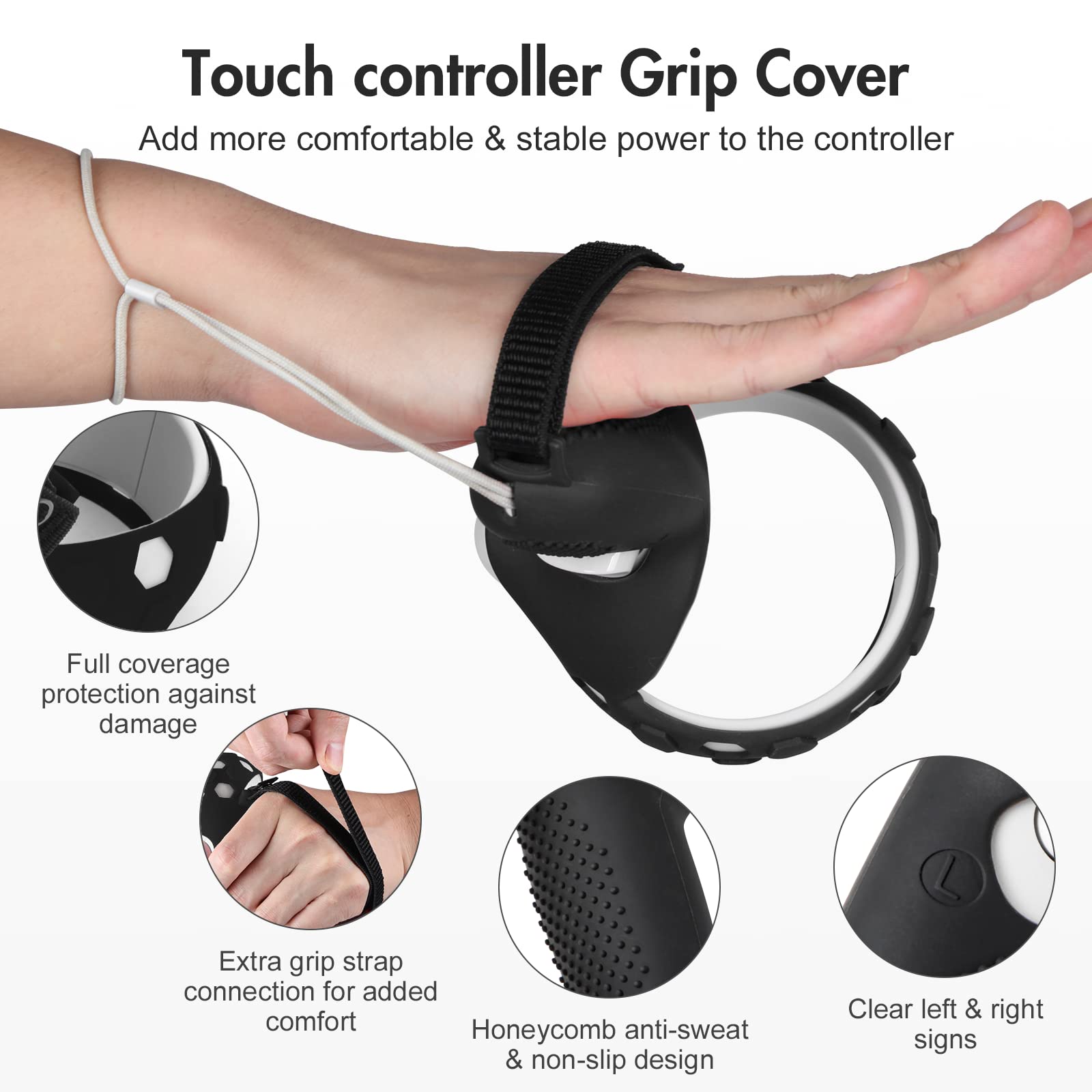 AMLINK VR Silicone Cover Accessories for Oculus Quest 2, VR Shell Cover Protective, Silicone Face Cover, Adjustable Strap Controller Grip Cover and Remote Sensing Rod Cap(Black)