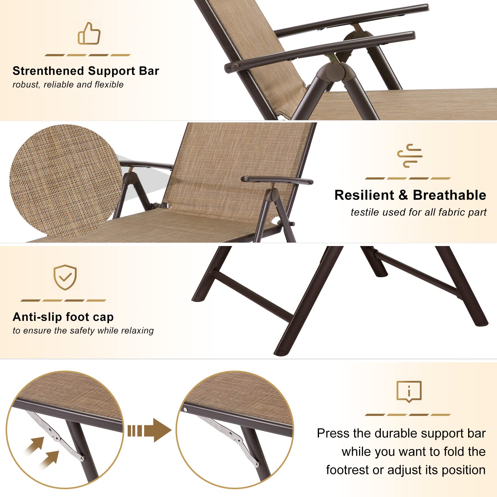 Esright Outdoor Chaise Lounge Chair,Folding Textiline Reclining Lounge Chair for Beach Yard Pool Patio with 7 Back & 2 Leg Adjustable Positions,Brown