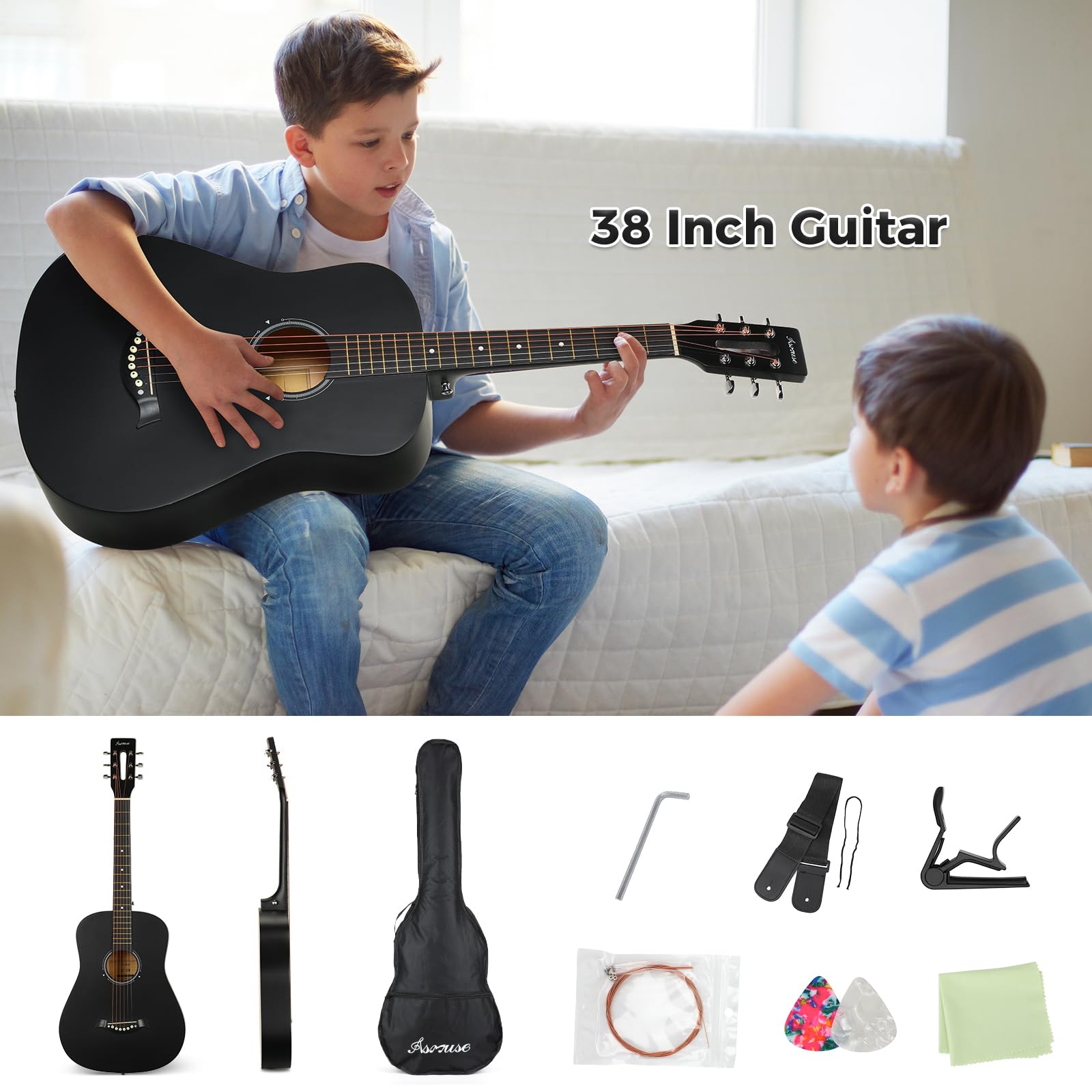 Asmuse 38 inch Acoustic Guitar Kit, Full Size Classical Acoustic Guitar 6 Strings with Gig Bag, Picks, Strap Accessories for Beginners Adults Teens (Black)