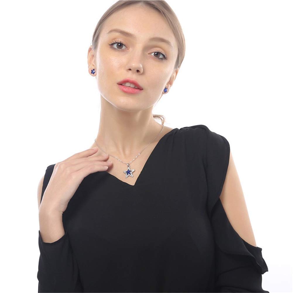 AILUOR Five-Pointed Star Sapphire Crystal Pendant Necklace, Fashion Silver Crystal Hollow Star Jewelry for Women (Blue)