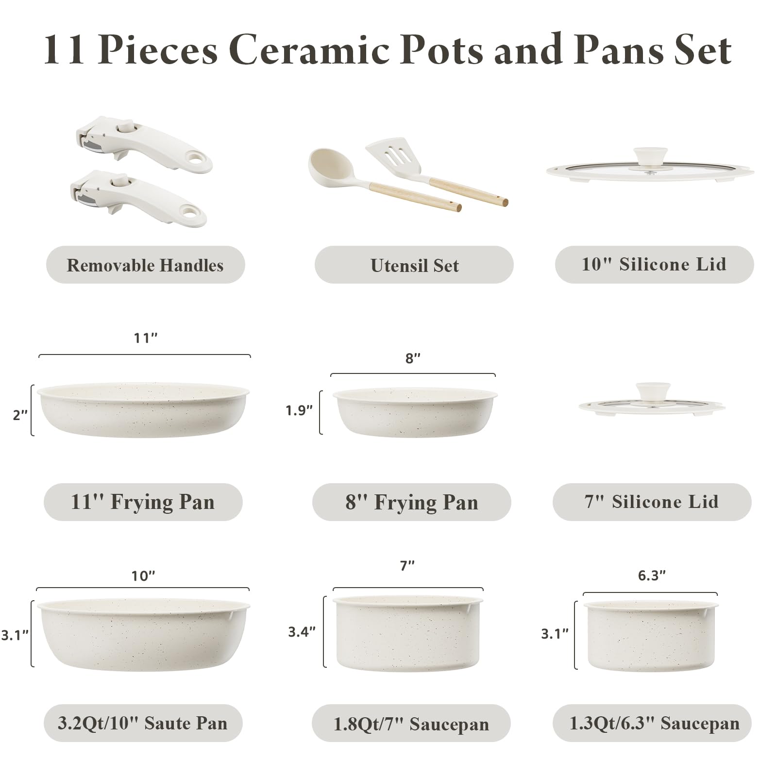 Bazova 11 Pcs Pots and Pans Set Non Stick with Removable Handles,Ceramic Cookware Set Non Toxic,Induction Kitchen Cooking Sets,Nonstick RV Cookware,Dishwasher/Oven Safe,PFAS/PTFE/PFOA Free,Cream White