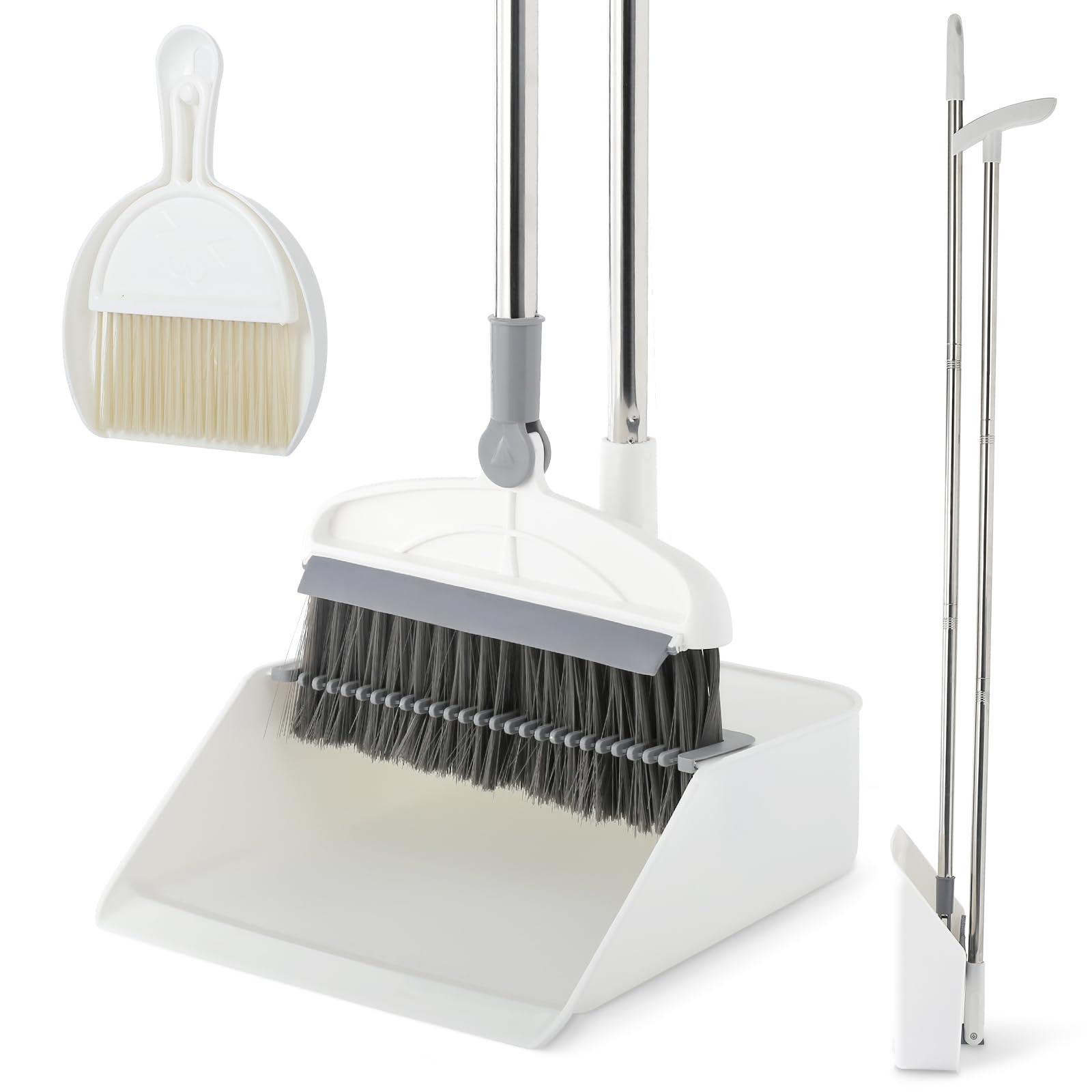 Broom with Dustpan Combo Set, 2 in 1 Broom and Dustpan Set with Long Handle, Upright 180° Rotating Broom with Brush and Lightwight Dust Pans for Home Kitchen Room Office Lobby Floor Cleaning,White