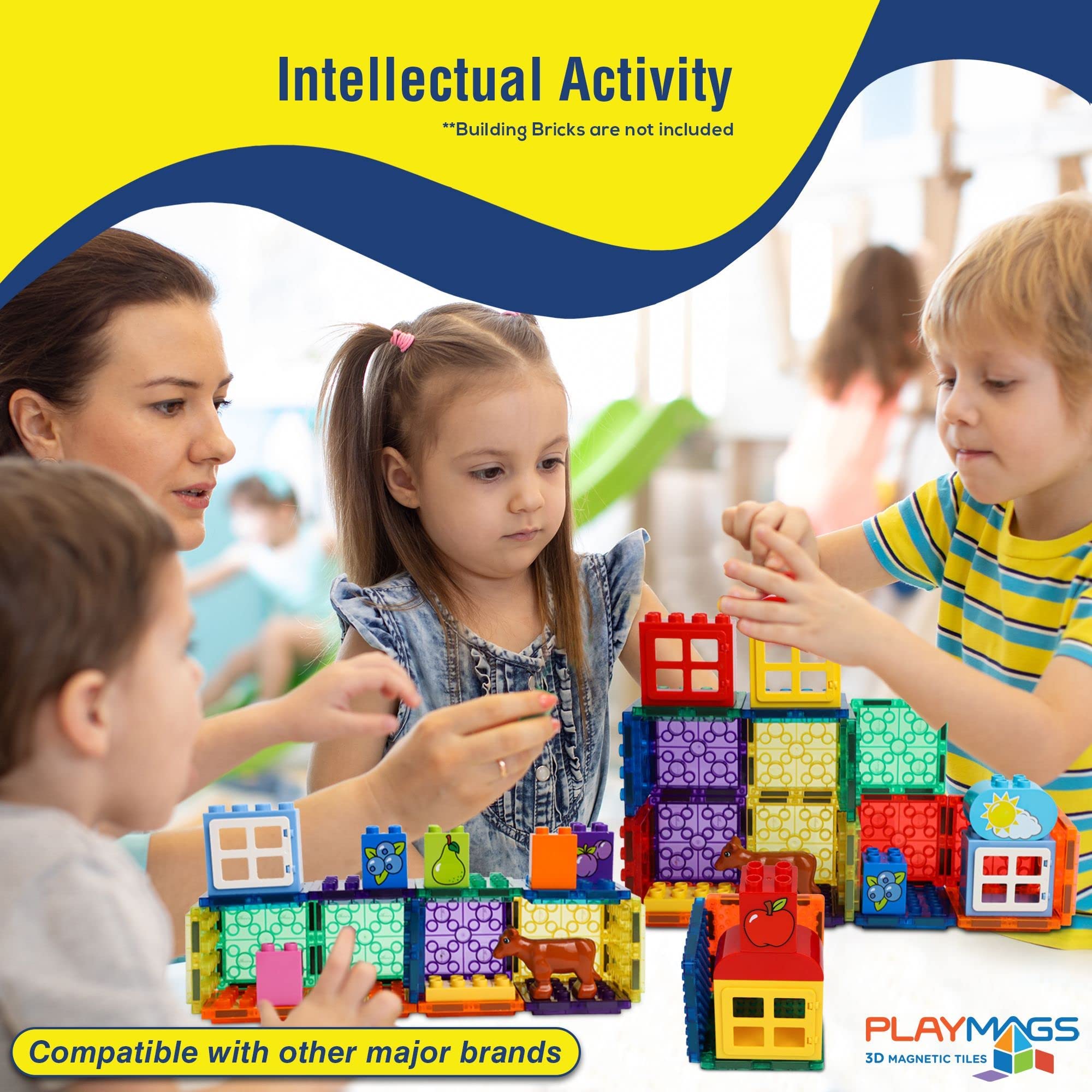 Playmags Magnetic Tiles, 18Pcs Magnetic Building Bricks, Exclusive Magnetic Blocks, Skill Development, Ages 3+ (Big Bricks Tiles)