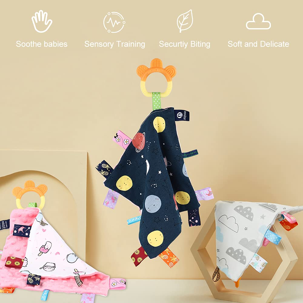 Cute Baby Security Tag Blanket withTeether,Soft,Soothing, Comfortable,Dotted Backing Taggy Teething Blanket for Boys and Girls. (Planets)